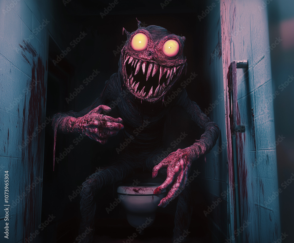 a terrifying monster in a bathroom stall - a jump scare character with ...