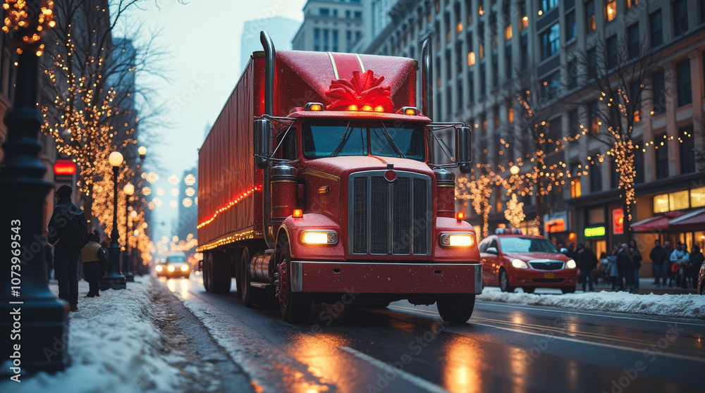 Logistics Truck Transformed into a Giant Wrapped Gift Driving Through a ...