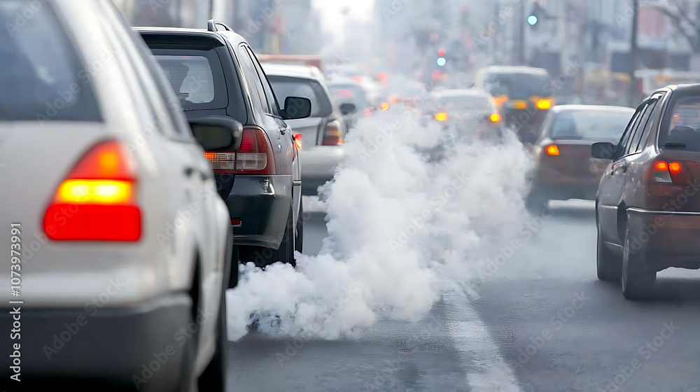 Air pollution from car exhaust smoke in city traffic, focusing on ...