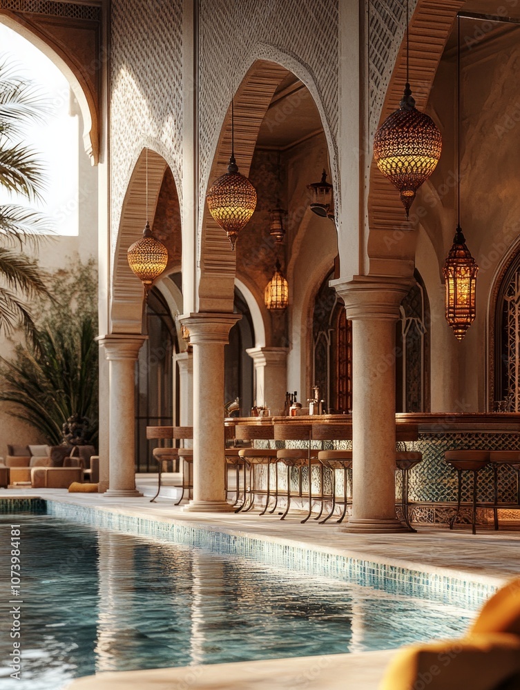 Luxurious courtyard featuring a sparkling pool surrounded by elegant ...