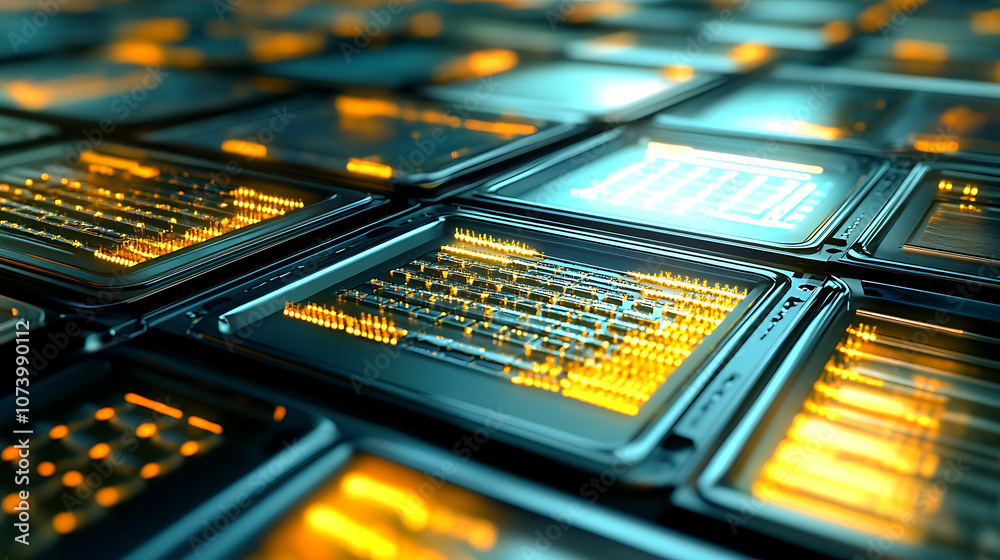 Advanced supercomputer processor server room with quantum computing silicone chips 3d ...