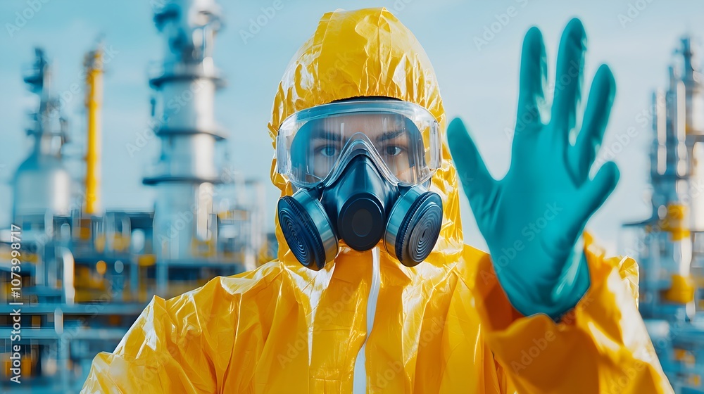 A chemical engineer in a hazmat suit inspecting an industrial site ...