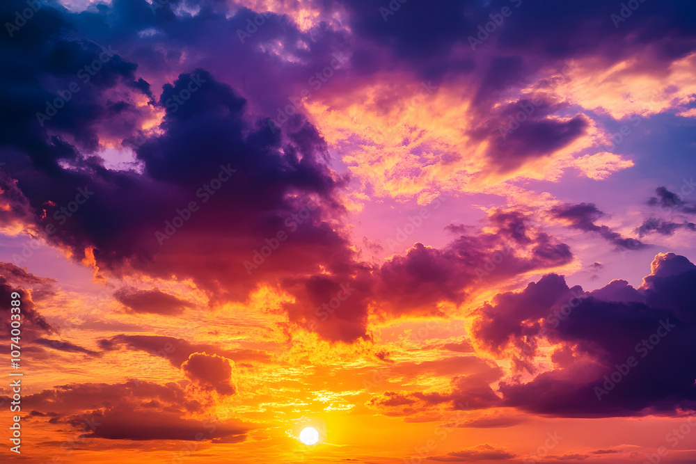 Vibrant watercolor sunset with warm orange and deep purple hues merging ...