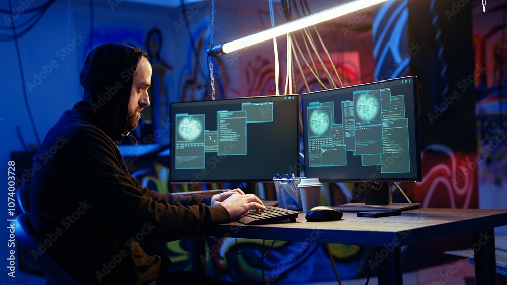 Hacker happy after successfully doing computer sabotage using encryption trojan ransomware in ...