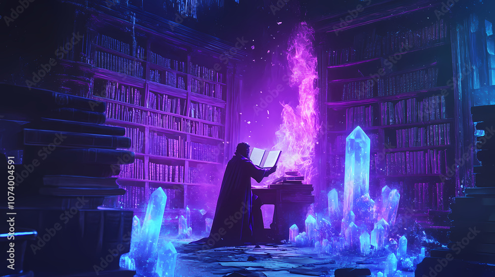 Enchanted library, magical tomes, glowing crystals, a wizard studying ...