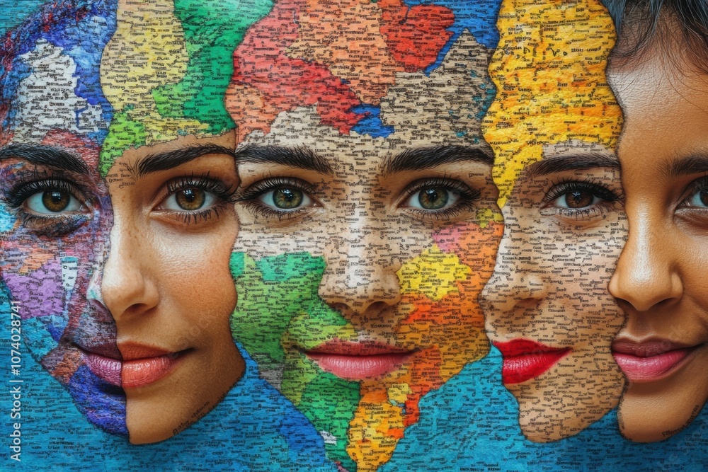Women faces merging with colorful world map promoting cultural ...