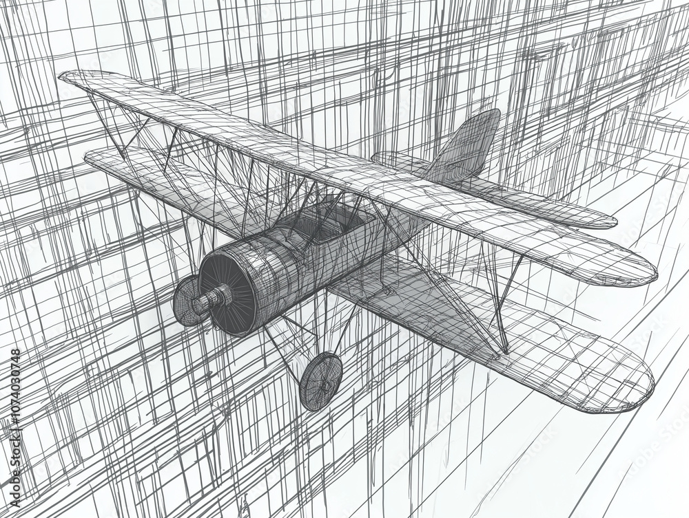 Black-and-white illustration of the first biplane in flight, clean ...