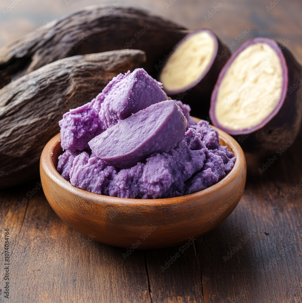 Ube flavor concept - the filipino purple yam on a wood background ...