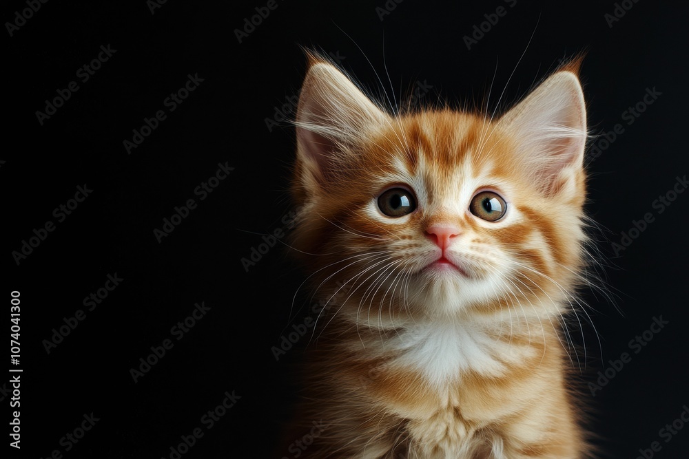Mystic portrait of baby Manx cat in studio, copy space on right side ...