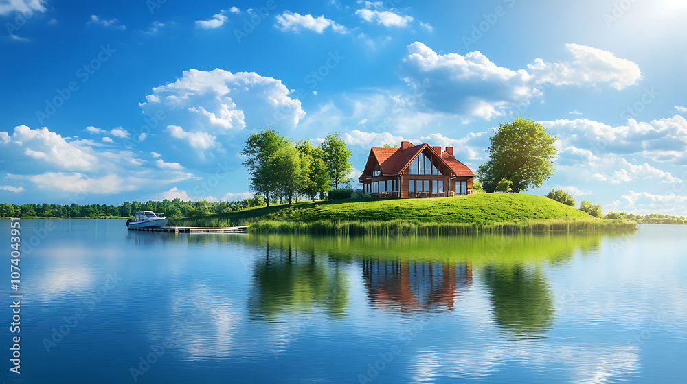 Beautiful lakefront home with dock and boat for summer A lake sits at ...
