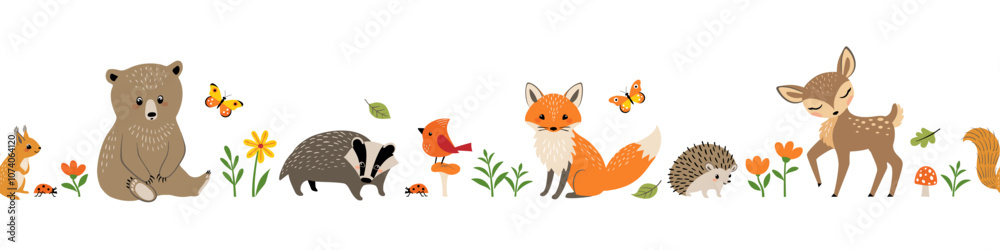 Poster Vector seamless border of cute forest animals, butterflies ...