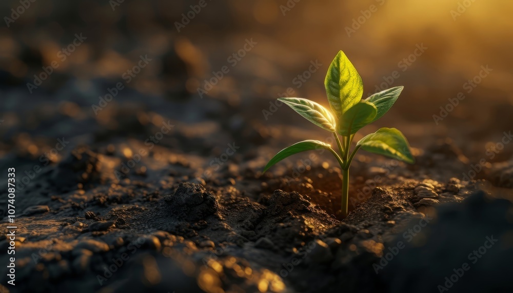 Single plant emerging from rough terrain, symbolism of resilience and ...