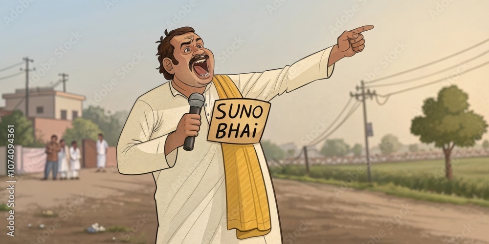 Indian politician, wearing traditional clothing, passionately delivers ...