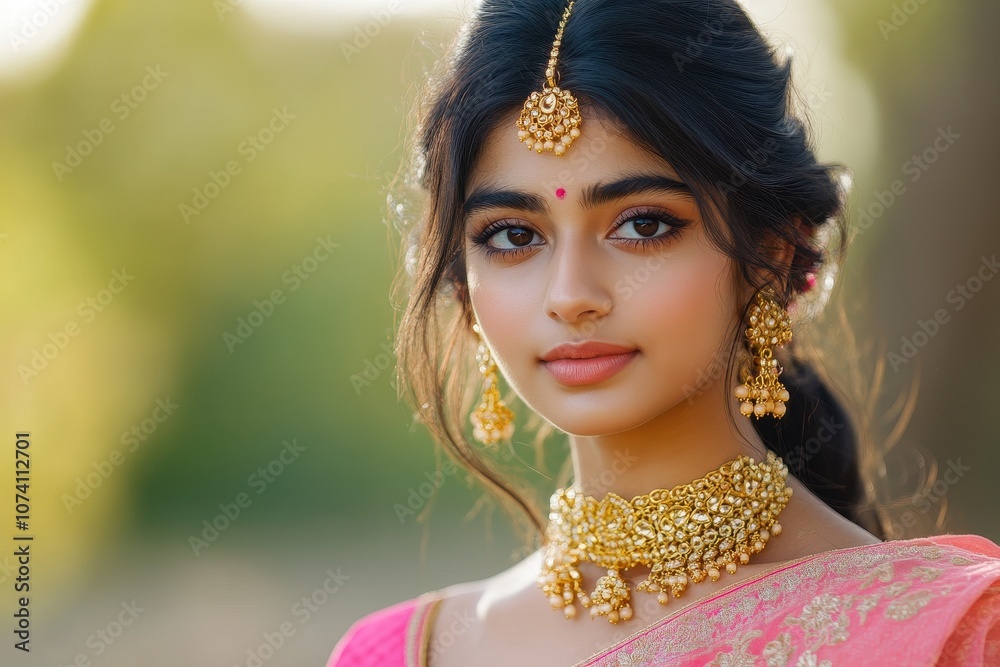 Image of a stunning young Hindu model in a lehenga choli wearing golden ...