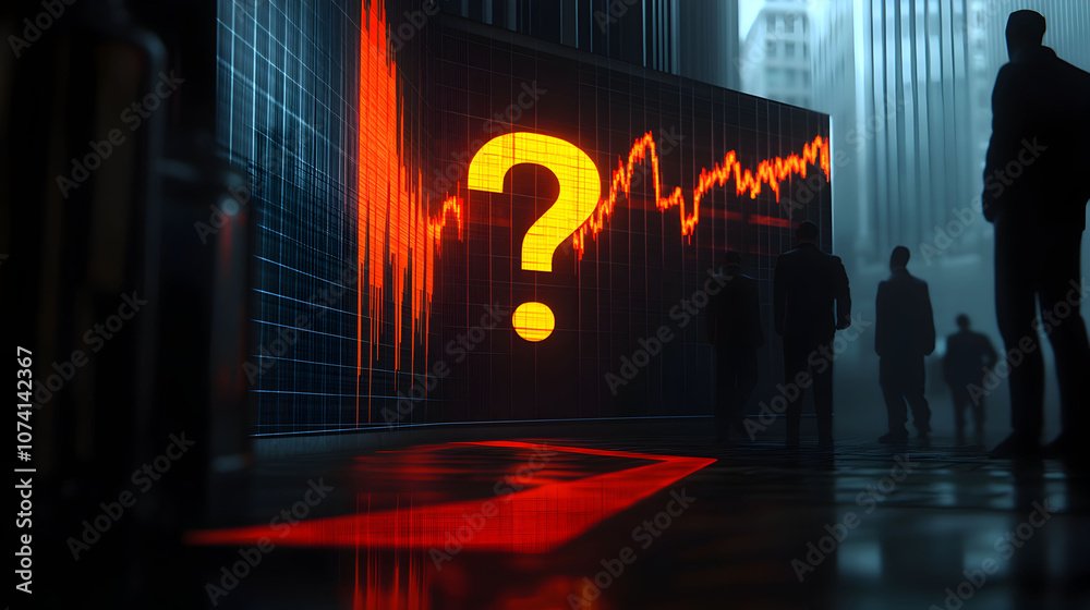 A question mark on a screen with a red chart background. Silhouettes of ...