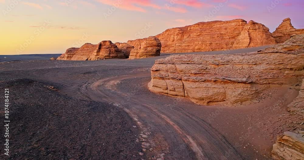 Yardang landform mountain natural landscape at sunset in Xinjiang ...