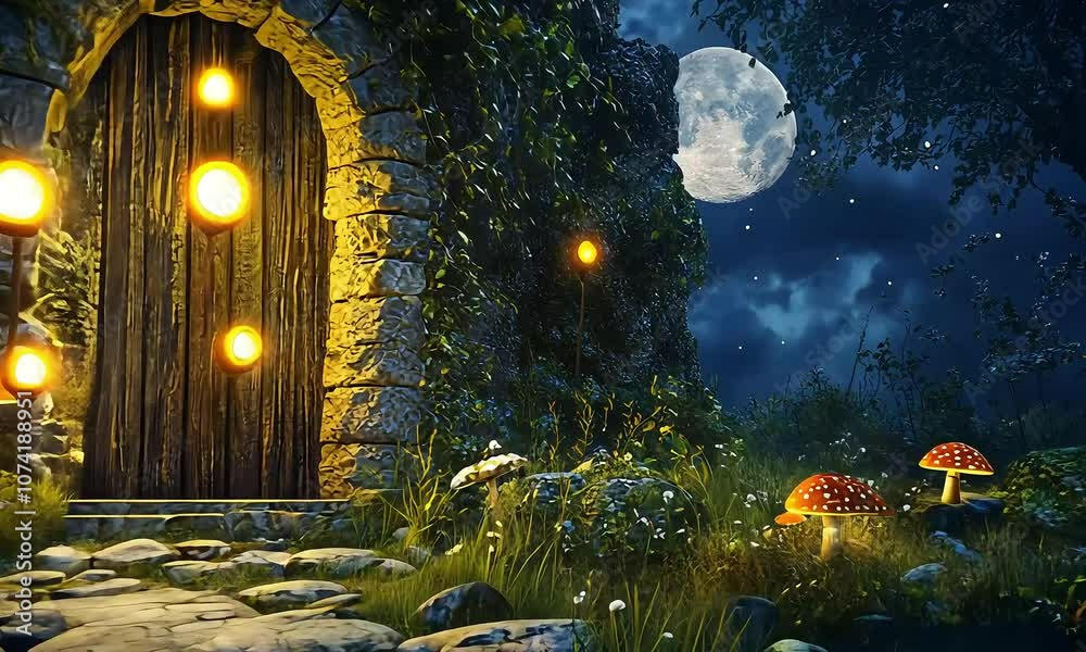 Fantasy door with glowing lights under moonlight with ai generated ...