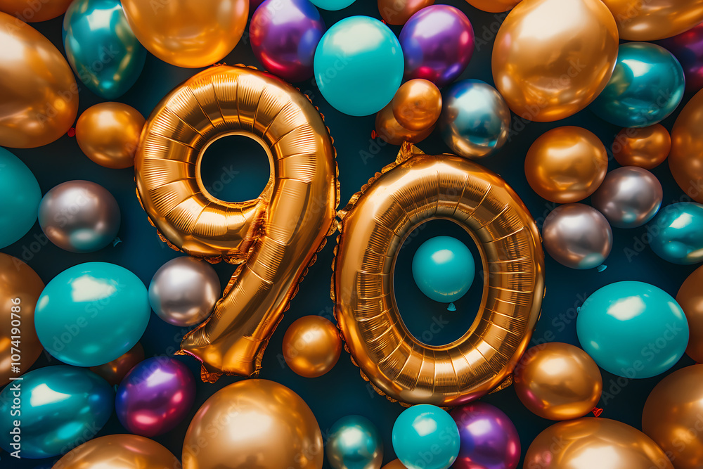 90th Birthday Balloons Golden 90 balloons surrounded by colorful ...