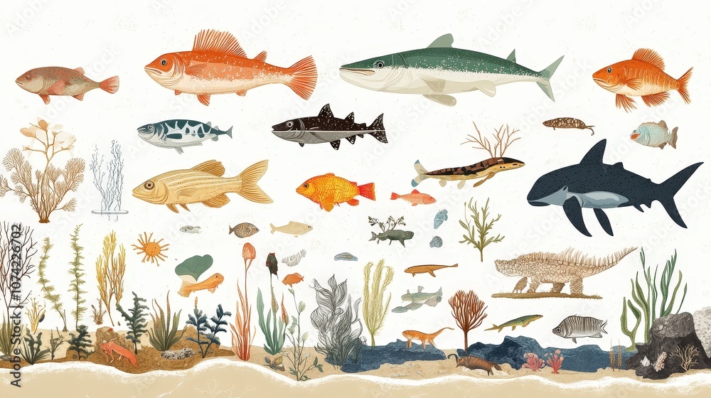 A visual showing the evolutionary development of aquatic life forms ...
