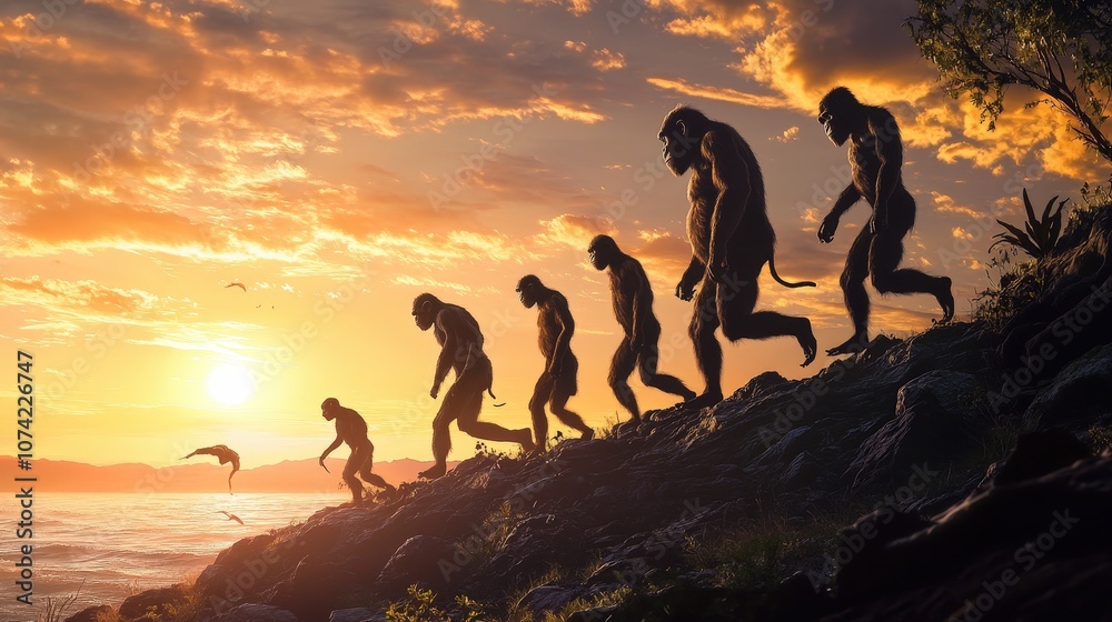 A vivid representation of human evolution, showcasing early hominins ...