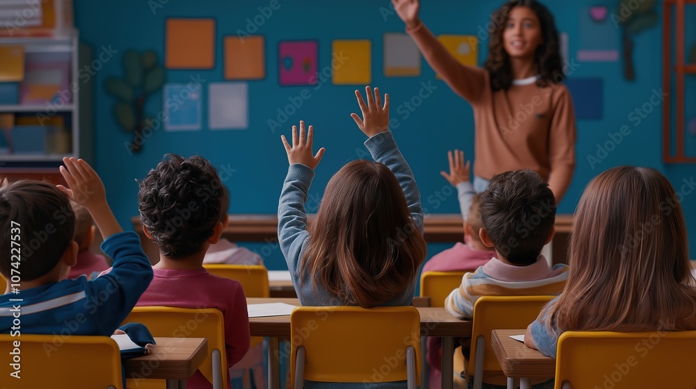 Education, question with group of children in classroom and raise their ...
