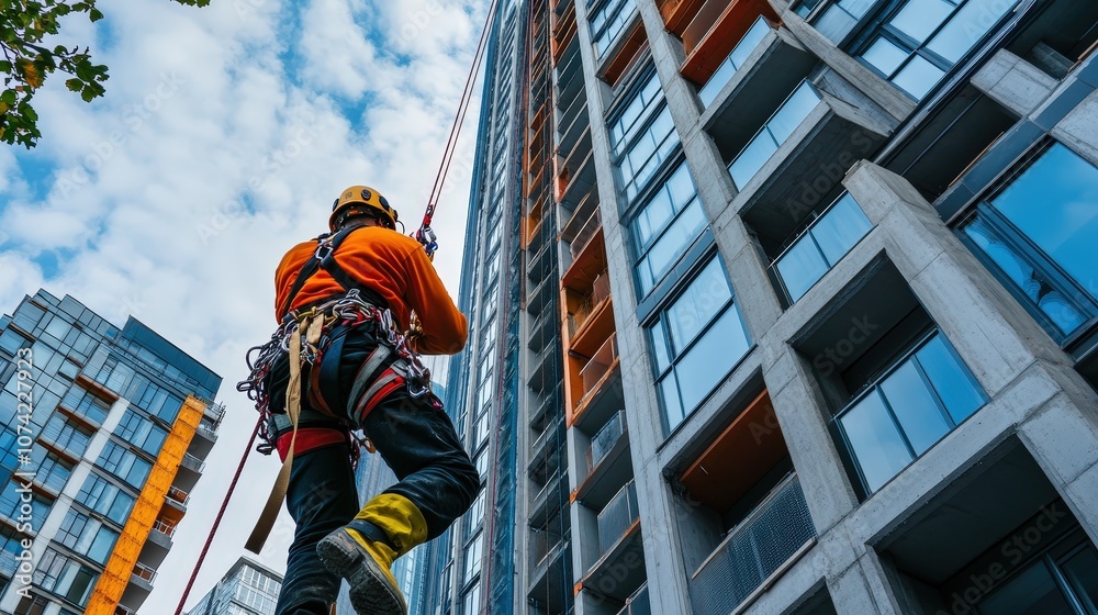A worker wearing a harness, suspended by ropes, while working on the ...
