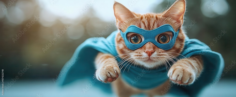 adorable superhero cat depicted as a cute orange tabby wearing a blue ...