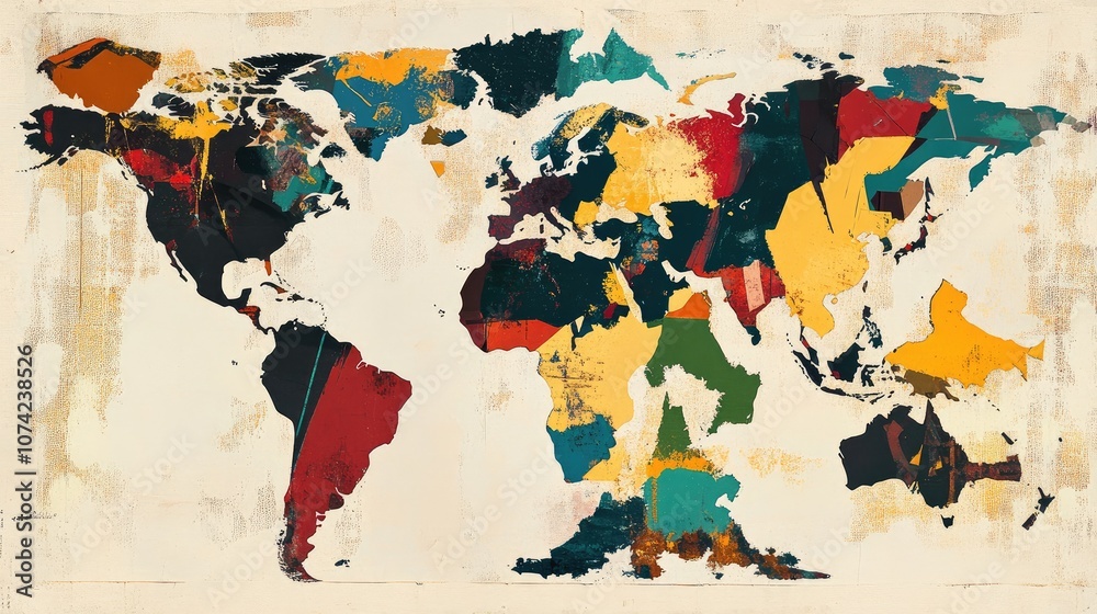 A modern world map with bold country shapes and no borders, abstract ...