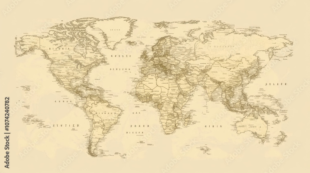 A world map with country names written in elegant serif fonts ...
