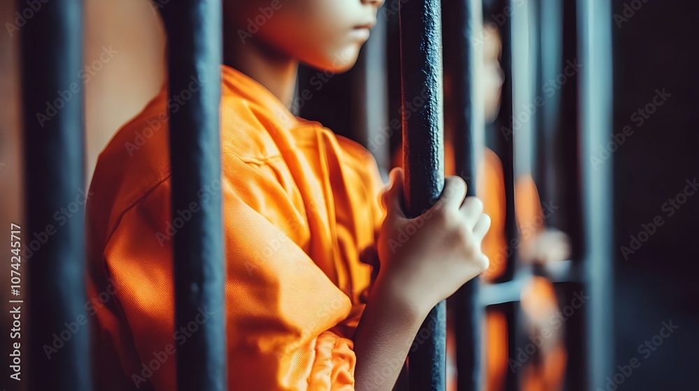 Young child imprisoned captured in confinement behind bars in orange ...