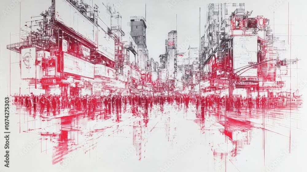 Urban Scene Depicting a Crowded City Street with Bold Red Accents and ...