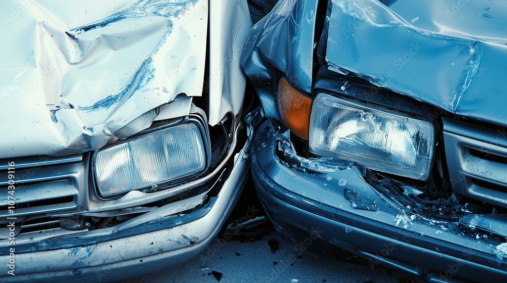 Aftermath of a Car Collision, Two Vehicles Locked in a Head On Impact ...