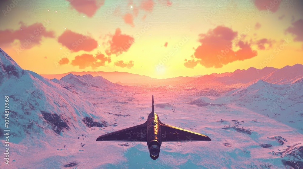 Spaceship touching down on a snowy, remote alien world, with distant ...