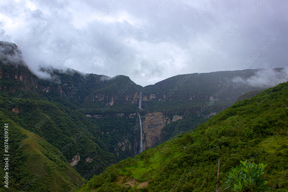Stunning panoramic view of the Gocta waterfall, located in the lush ...