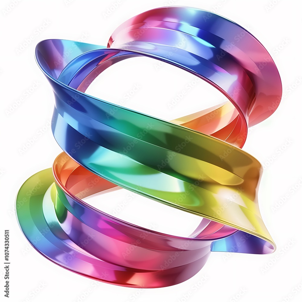 A smooth, looping 3D rainbow ribbon, twisting and turning in mid-air ...