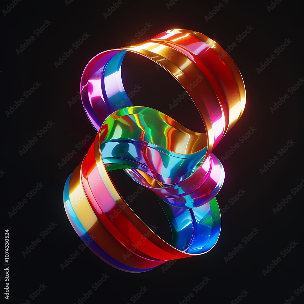 A smooth, looping 3D rainbow ribbon, twisting and turning in mid-air ...