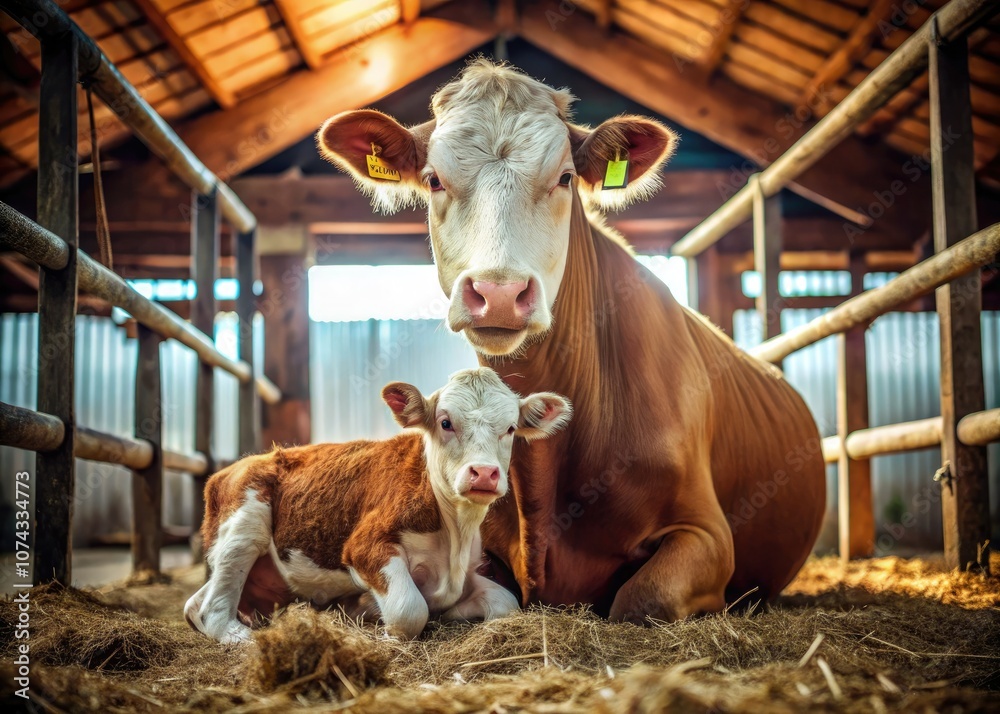 Hereford Cow Nursing Calf on Farm - Animal Nutrition in Agriculture ...