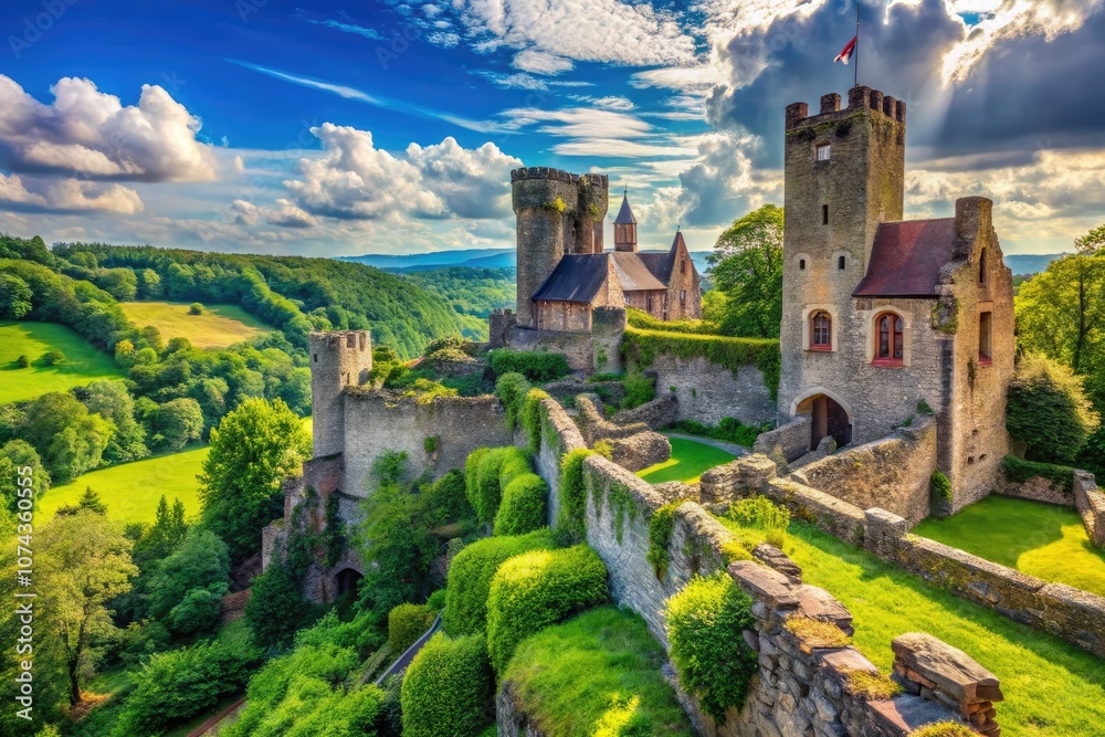 Majestic castle ruins rise proudly, surrounded by nature. High depth of ...
