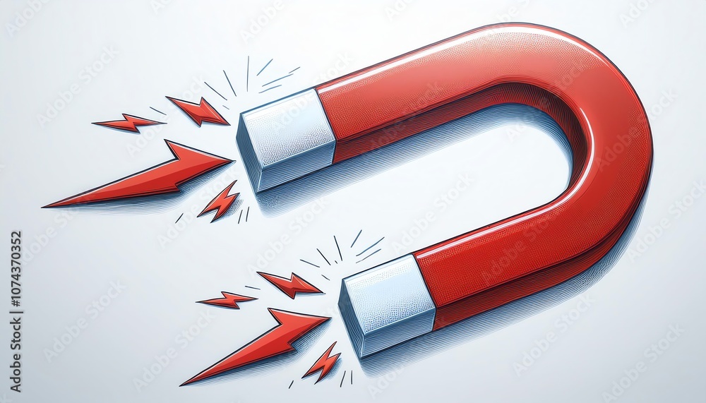 A red horseshoe magnet with sparks, depicting magnetic forces in action ...