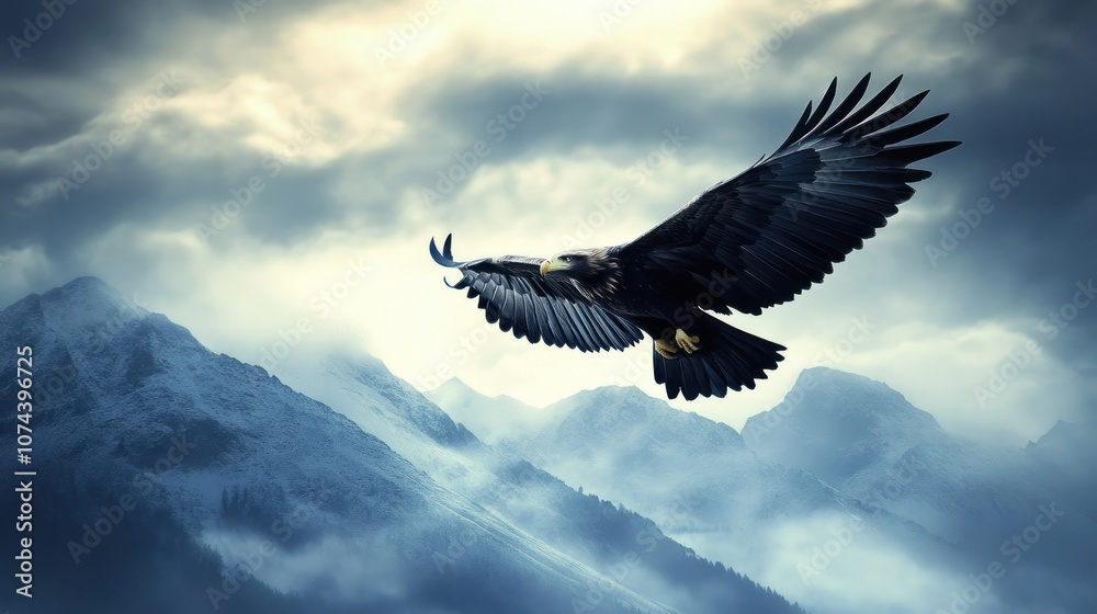 An eagle flies alone above the mountain peak, spreading its wings and ...