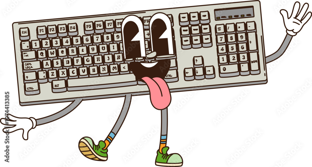 Cartoon groovy computer keyboard retro character with expressive eyes ...