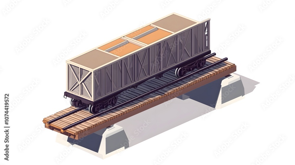 Isometric freight railroad car on bridge. Object isolated on white ...