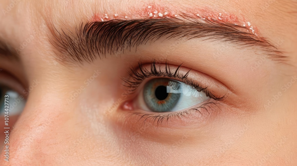 Close-up of itchy, red, sore skin around the eyebrows with visible ...