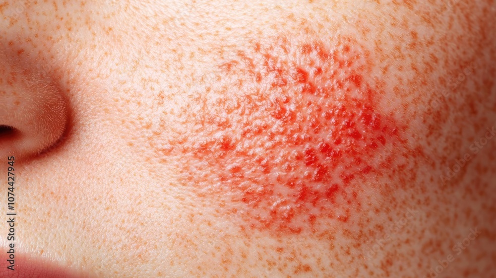 Extreme close-up of red, patchy nummular rash on skin, realistic ...