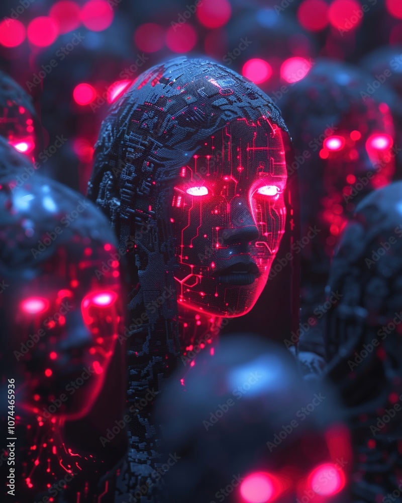 Among a crowd, a persons face morphs into pixelated glitches, revealing ...