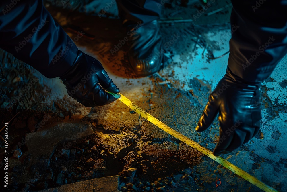 Top view closeup of forensic investigator putting measuring tape next ...