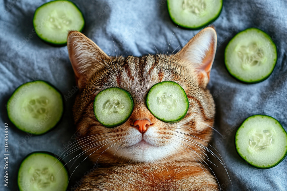 Gray tabby cat with cucumbers in front of his eyes in a spa. Generated ...