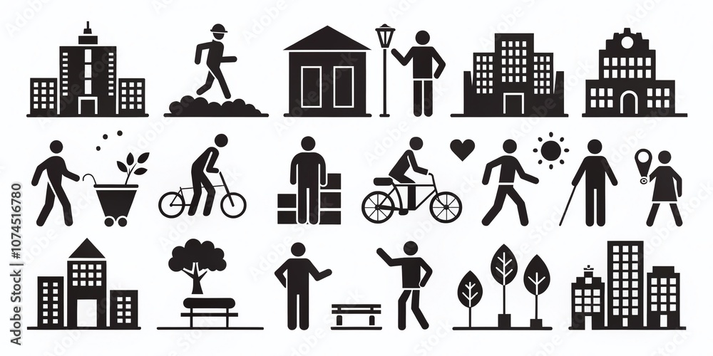 Monochrome Urban Exploration: 12 Human Figures Pictograms in Flat ...