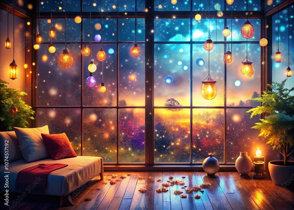 Mystical Dreamy Room with Warm Lighting and Rainy Weather for Animated ...