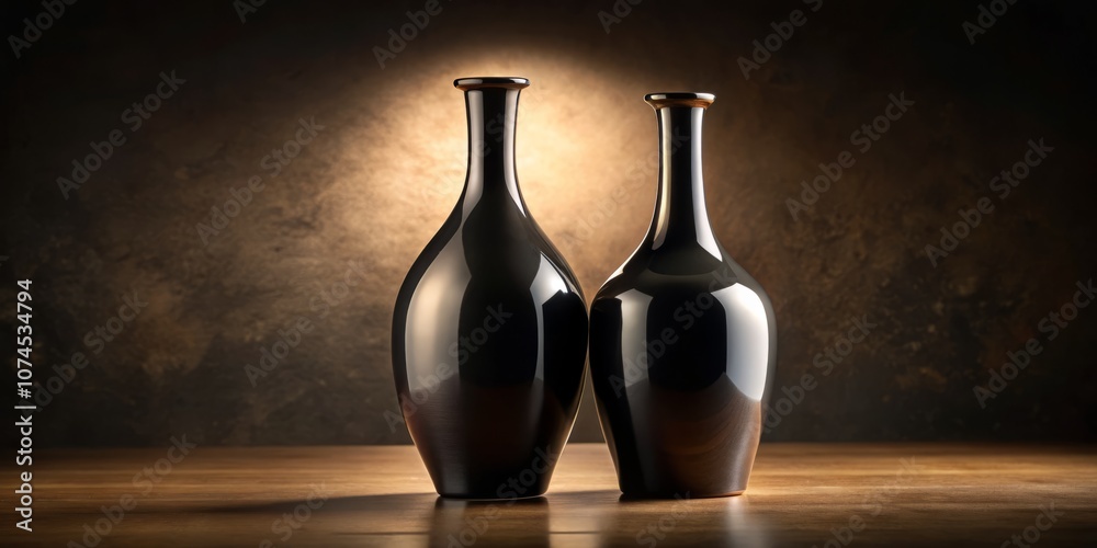 Elegant Symmetry: Two Identical Black Bottles with Narrow Necks and ...